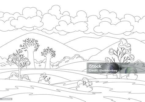 나무와 쓰러진 단풍이 있는 벡터 가을 풍경밭 시골 파노라마는 하늘에 산과 구름을 볼 수 있습니다 가을 시즌 배너 배경 플랫 리니어 색칠 스타일 11월에 대한 스톡 벡터 아트