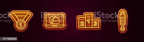 세트 라인 메달 레이싱 헬멧 스포츠 우승자 연단 및 충격 흡수 장치에 대한 상 빛나는 네온 아이콘입니다 벡터 1에 대한 스톡