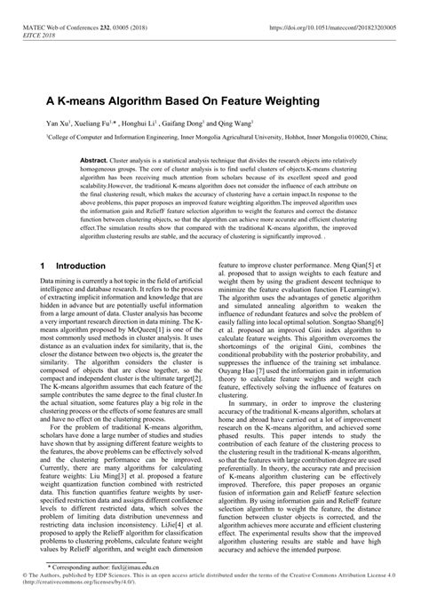 Pdf A K Means Algorithm Based On Feature Weighting
