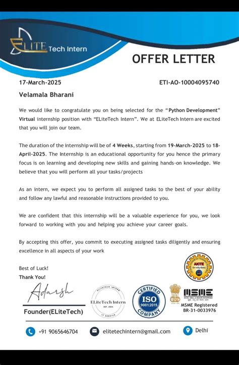 Internship Pythondevelopment Elitetechintern Softwaredevelopment Bharani Velamala