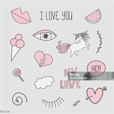 유니콘 발렌타인 요소와 패치 배지입니다 벡터 그림을 흰색 배경에 고립입니다 스티커 핀 만화 8090 년대 스타일에서의 집합 개체