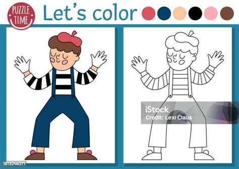 베레모와 줄무늬 셔츠에 마임이 있는 어린이를 위한 프랑스어 테마 색칠 공부 페이지 벡터 프랑스어 윤곽 그림입니다 컬러 예제가 있는 아이들을 위한 컬러북 그리기 기술 인쇄