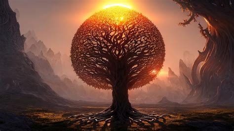 우주의 생명의 나무 멋진 하늘 숲에서 불사의 마법의 신성한 나무 행성 생명 3d 그림의 신성한 소스 프리미엄 사진