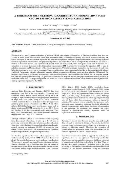 Pdf A Threshold Free Filtering Algorithm For Airborne Lidar Point Clouds Based On Expectation
