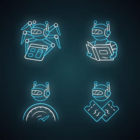 internet bots neon light icons set crawler text reading optimizer