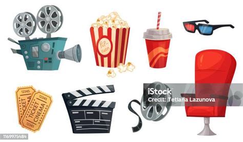 만화 영화 요소 영화관 팝콘 촬영 시네마 클래퍼 보드 및 복고풍 필름 카메라 벡터 일러스트 세트 3차원 형태에 대한 스톡 벡터 아트 및 기타 이미지 Istock