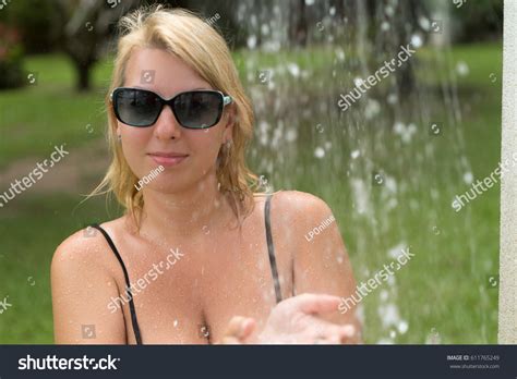 Sexy Blonde Woman Taking Outdoor Shower Stock Photo Shutterstock