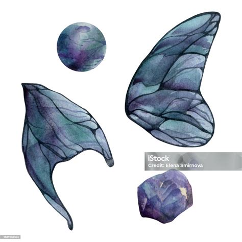 손으로 그린 수채화 그림 나비 요정 날개 보석 크리스탈 곤충 나방 자수정 Charoite 형석 Ametrine 개체 집합은 흰색