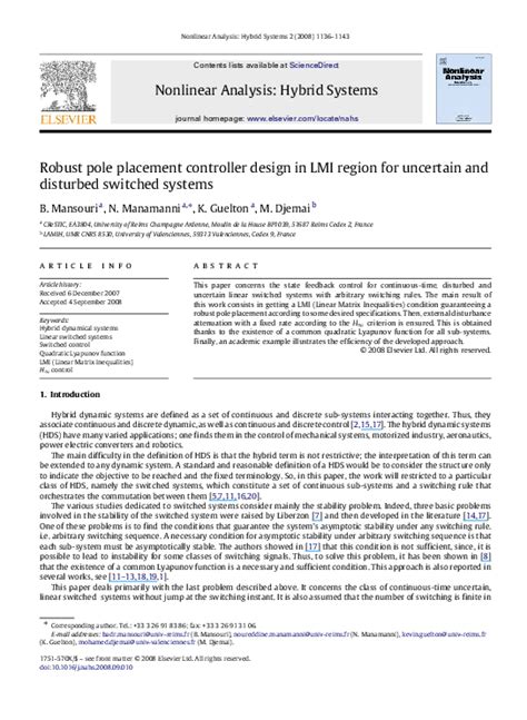 Pdf Robust Pole Placement Controller Design In Lmi Region For