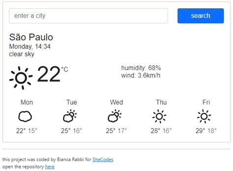 GitHub Biancarabbi React Weather App Weather Forecast App Using React Developed In SheCodes