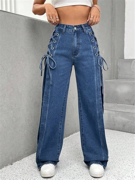 Medium Wash Collar Denim Plain Wide Leg Embellished Non Stretch Women