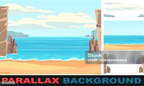 바다 해변 시차 효과를 설정합니다 여름 바다 풍경 멀리 바다의 지평선이 있습니다 해안 바위와 절벽 평온한 날씨 플랫 스타일 그림 벡터 개념에 대한 스톡 벡터 아트 및 기타