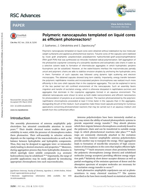 Pdf Polymeric Nanocapsules Templated On Liquid Cores As Efficient Photoreactors