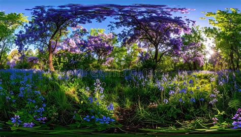 Lush Spring Landscape With Purple Trees And Blue Flowers Stock Illustration Illustration Of