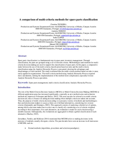 pdf a comparison of multi criteria methods for spare parts classification