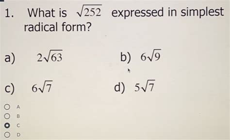 Solved What Is Sqrt 252 Expressed In Simplest Radical Form A 2sqrt