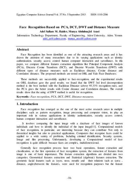Pdf Face Recognition Based On Pca Dct Dwt And Distance Measure Munya A Arasi