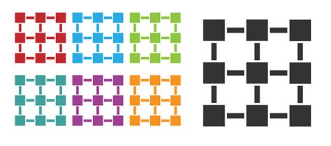 흰색 배경에 격리 된 블랙 블록 체인 기술 아이콘 암호 화폐 데이터 추상 적 기하학적 블록 네트워크 기술 사업 다채로운 아이콘을