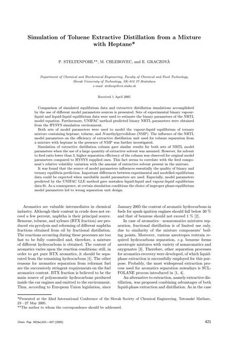 Pdf Simulation Of Toluene Extractive Distillation From A Of Toluene Extractive Distillation