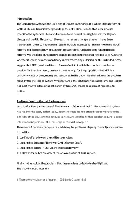 Common Law Reasoning Assignment Introduction The Civil Justice System In The Uk Is One Of