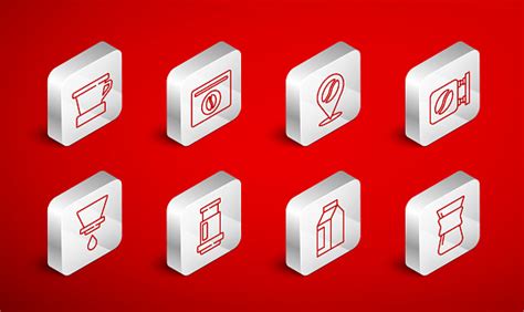 세트 라인은 커피 메이커 가방 콩 위치 거리 간판 V60 에어로 프레스 및 아이콘 위에 부어 벡터 3차원 형태에 대한 스톡 벡터 아트 및 기타 이미지 Istock