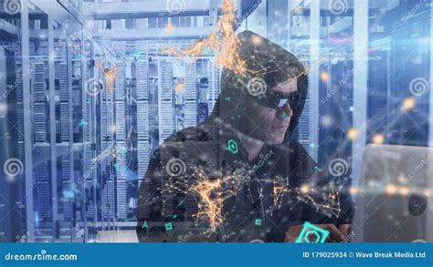 Animation Of A Hooded Man Hacking Computer In A Server Room Stock Footage Video Of Crime