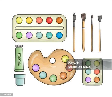 페인트 및 브러시 아이콘 세트입니다 벡터 컬러 문구 드로잉 재료 사무실 또는 학교 용품 흰색 배경에 격리 만화 스타일 개념에 대한 스톡 벡터 아트 및 기타 이미지 Istock
