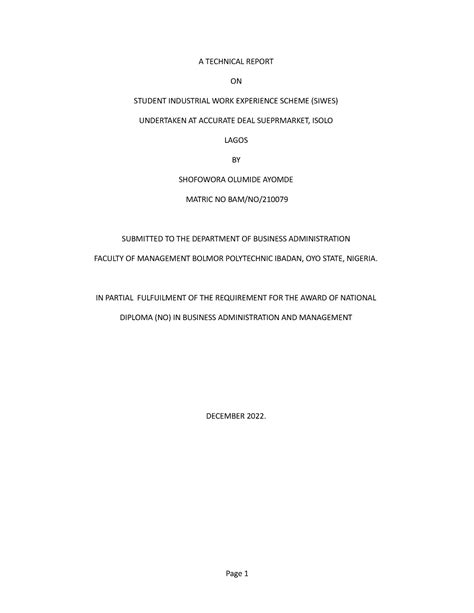 A Technical Report Nice Work To Work With A TECHNICAL REPORT ON Babe INDUSTRIAL WORK