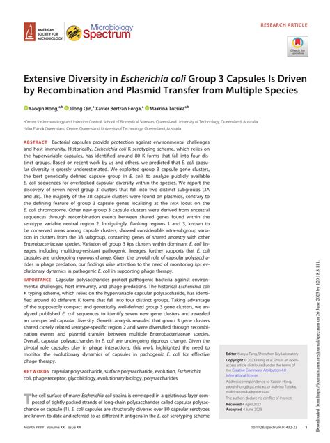 Pdf Extensive Diversity In Escherichia Coli Group 3 Capsules Is Driven By Recombination And