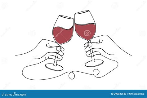 Single Line Drawing Of Hands Clinking Glasses With Red Wine Stock