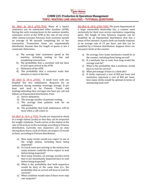 Waiting Line Analysis Tutorial Questions