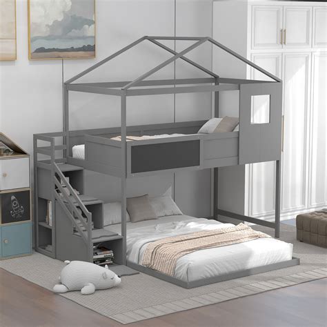 Leadzm Twin Over Full House Bunk Bed With Storage Staircase And