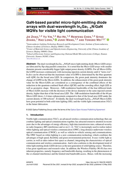 Pdf Gan Based Parallel Micro Light Emitting Diode Arrays With Dual Wavelength Inxga1 Xn Gan