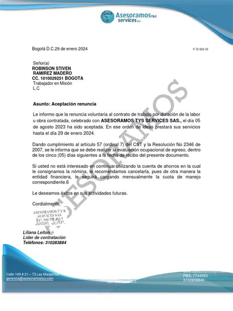 Aceptacion De Renuncia Robinson Ramirez Pdf