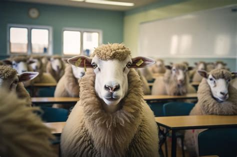 Premium Photo A Group Of Sheep Standing In A Classroom