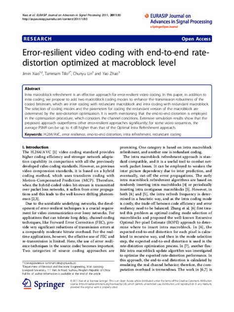 Pdf Error Resilient Video Coding With End To End Rate Distortion Optimized At Macroblock Level