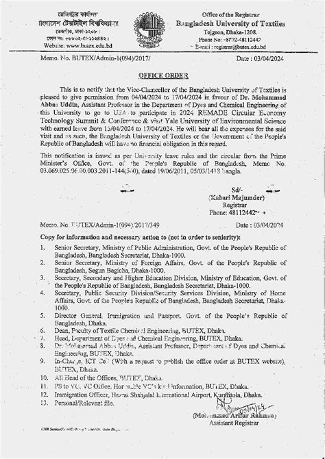 Office Order Dr Mohammad Abbas Uddin Assistant Professor Dodce Butex