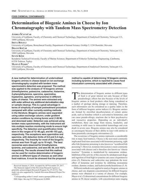 Pdf Determination Of Biogenic Amines In Cheese By Ion Chromatography With Tandem Mass