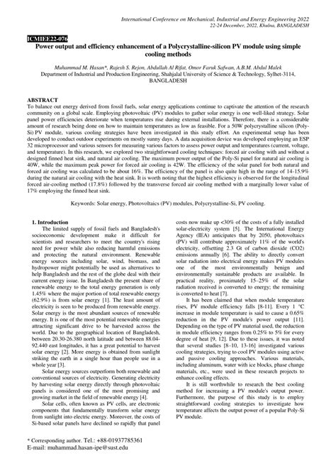 Pdf Power Output And Efficiency Enhancement Of A Polycrystalline Silicon Pv Module Using