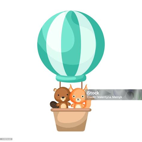 뜨거운 공기 풍선에 귀여운 아기 비버와 다람쥐 어린이 책 앨범 스크랩북 엽서 초대 게임을위한 그래픽 요소 귀여운에 대한 스톡 벡터 아트 및 기타 이미지 Istock