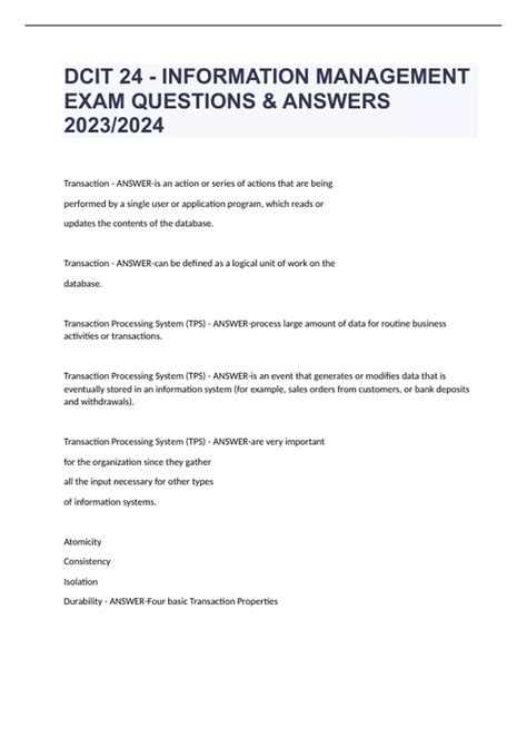Dcit 24 Information Management Exam Questions And Answers 20232024