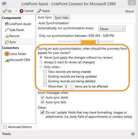 Configuring Linkpoint Connect Auto Sync Settings Ibm Notes Ms Dynamics Crm Knowledge Base