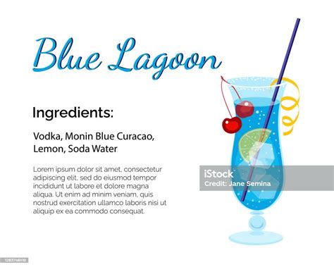 흰색 배경에 고립 된 재료와 조리법을위한 장소와 블루 라군 칵테일 칵테일 카드 템플릿 블루 하와이에 대한 스톡 벡터 아트 및 기타 이미지 블루 하와이 칵테일 0명