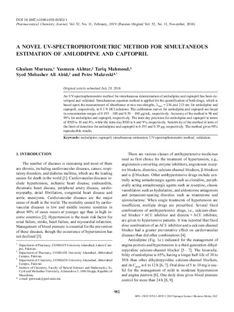 Pdf A Novel Uv Spectrophotometric Method For Simultaneous Estimation Of Amlodipine And Captopril