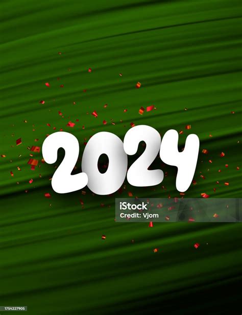 2024년 새해 빨간 호일 색종이가 있는 녹색 질감의 배경에 흰색 숫자 2024년에 대한 스톡 벡터 아트 및 기타 이미지 2024년 행복 3차원 형태 Istock