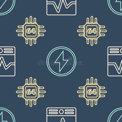 Set Line Electrical Measuring Instruments Processor With Microcircuits Cpu And Lightning Bolt