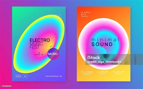 네온 파티 리니어 테크노 플라이어 잡지에 대한 웨이브 효과 초대장 레이아웃에 대한 최소 패턴 트랜스와 전시 벡터 파란색과 보라색 네온 파티 Dj에 대한 스톡 벡터 아트 및