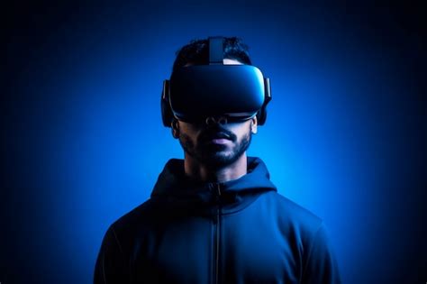 Person Wearing High Tech Vr Glasses While Surrounded By Bright Blue