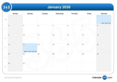 January 2039 Calendar