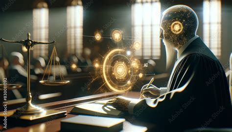 ai judge in futuristic courtroom using artificial intelligence for